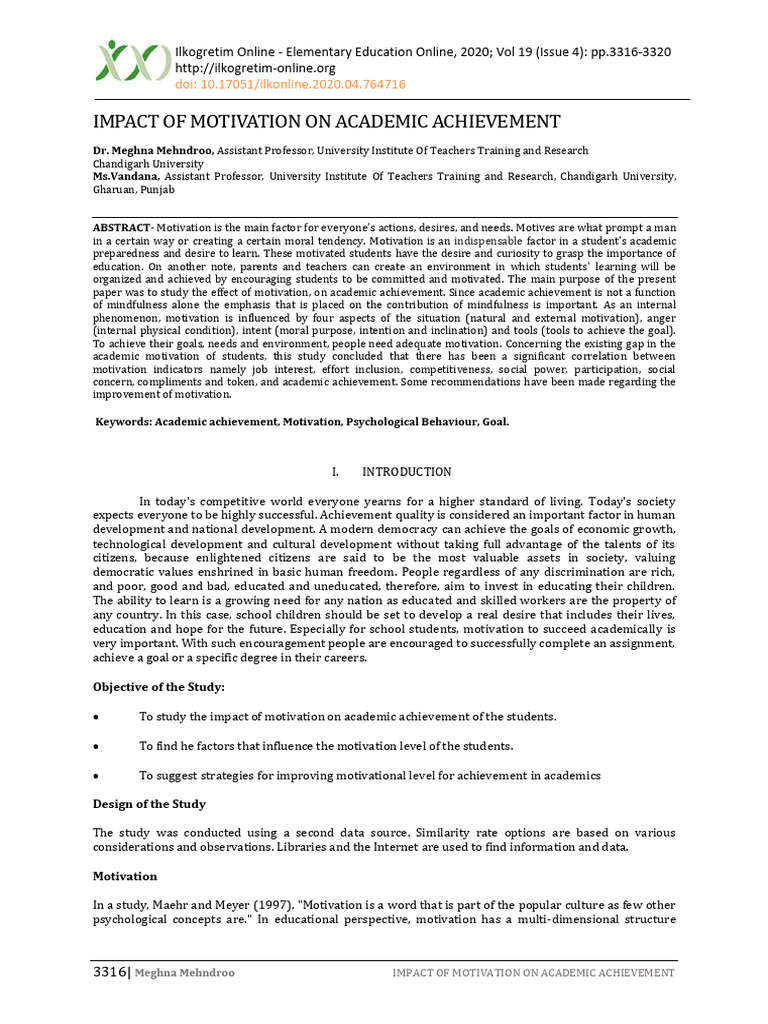 Impact of Motivation On Academic Achievement: Doi: 10.17051/ilkonline ...