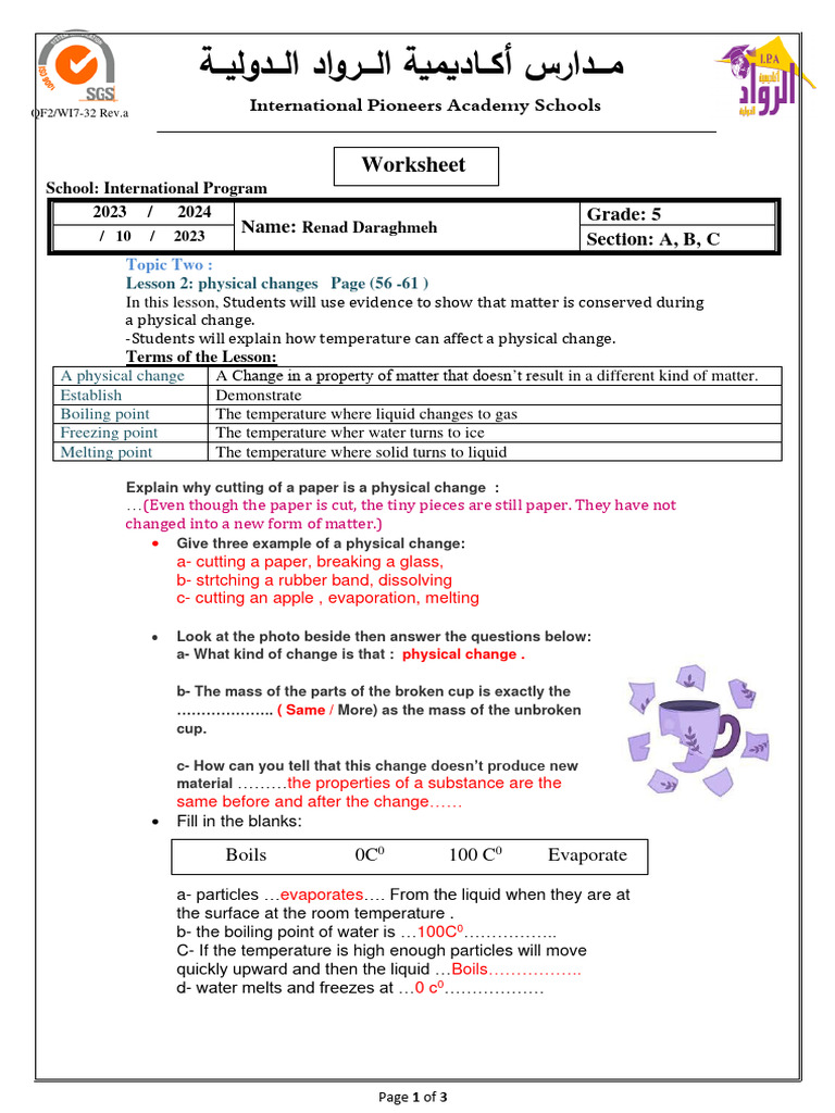 Worksheet Topic 2 Lesson 2 Physical Changes Answers | PDF | Liquids | Water