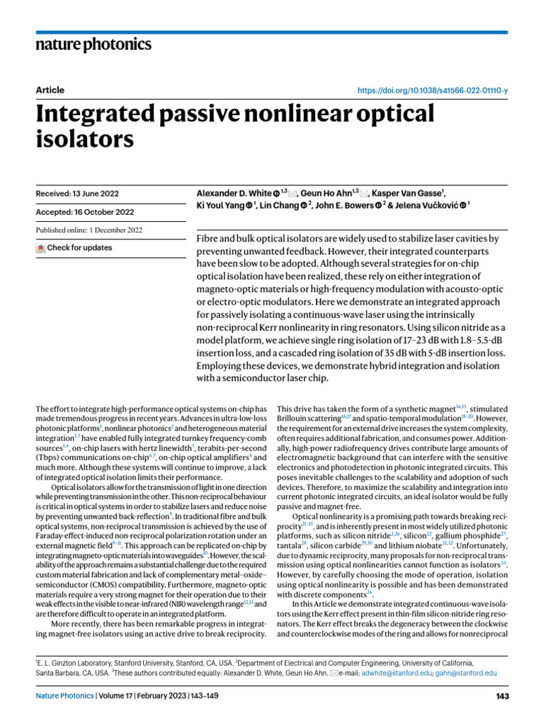 Integrated Passive Nonlinear Optical Isolators | PDF | Laser | Resonance
