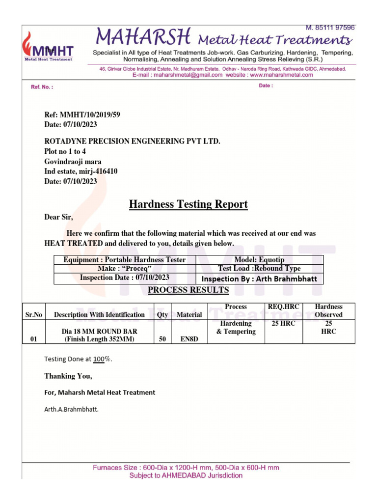 Hardness Testing Report 07102023 | PDF