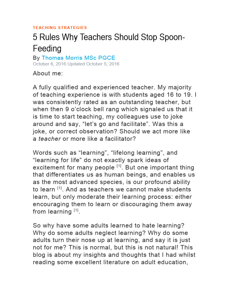 TEACHING STRATEGIES - 5 Rules Why Teachers Should Stop Spoon-Feeding | PDF