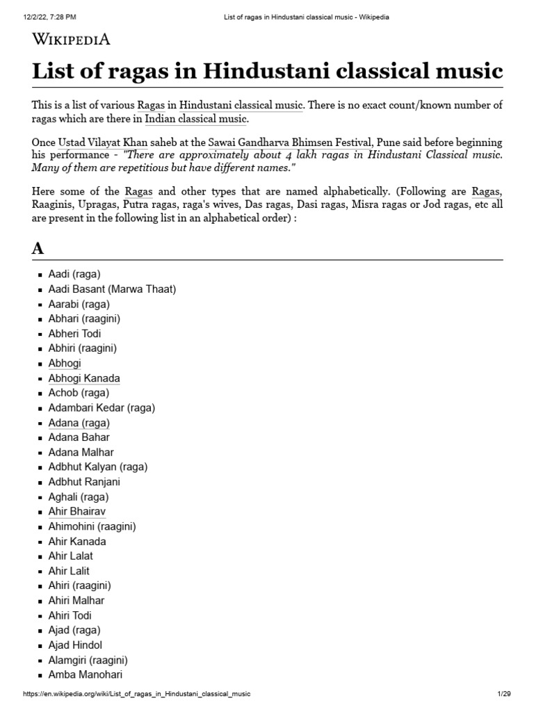 List of Ragas in Hindustani Classical Music - Wikipedia | PDF