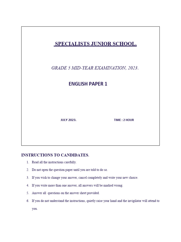 Grade 5 English Paper 1 | PDF | Zimbabwe