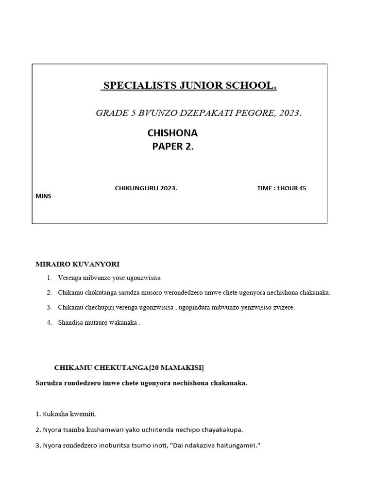 Grade 5 - SHONA - PAPER - 2 | PDF