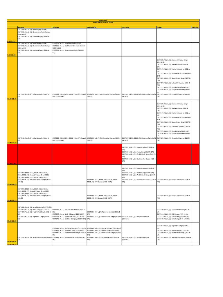 Time Table BTECH Third EB14 | PDF