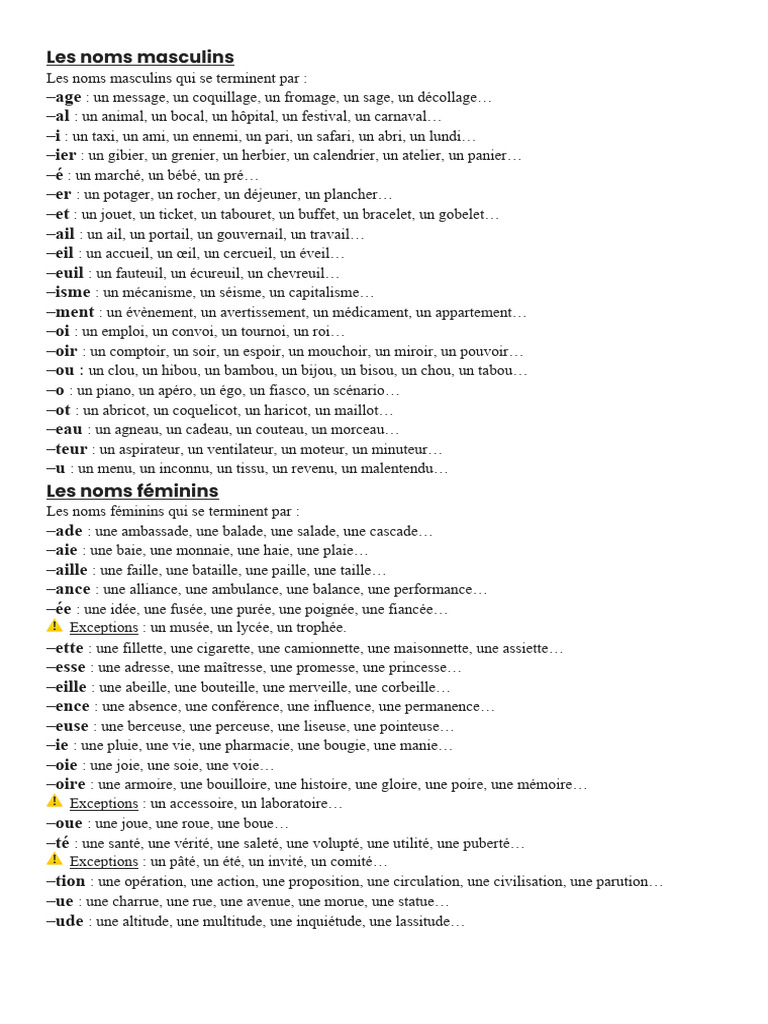 Noms masculins en français : liste et règles | PDF