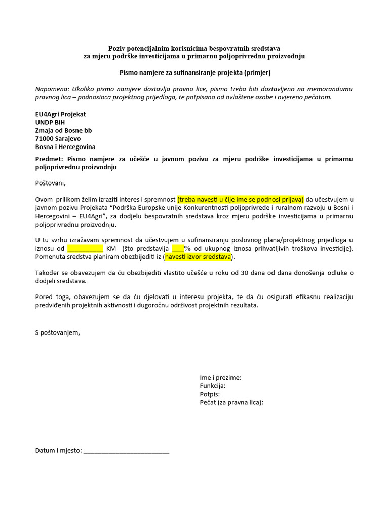 2 Pismo Namjere o Sufinansiranju JP Primarna Proizvodnja Nov 2022 | PDF 2 Pismo Namjere o Sufinansiranju JP Primarna Proizvodnja Nov 2022 | PDF