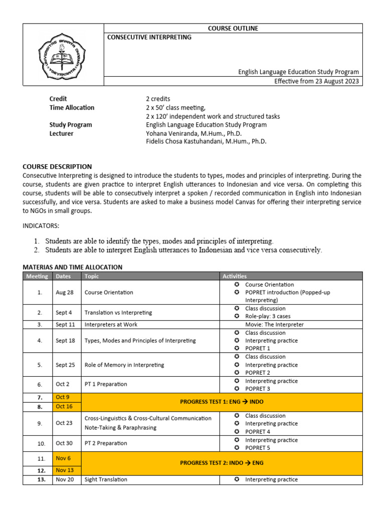 Course Outline Consecutive Interpreting 2023 | PDF | Language Interpretation | Applied Linguistics