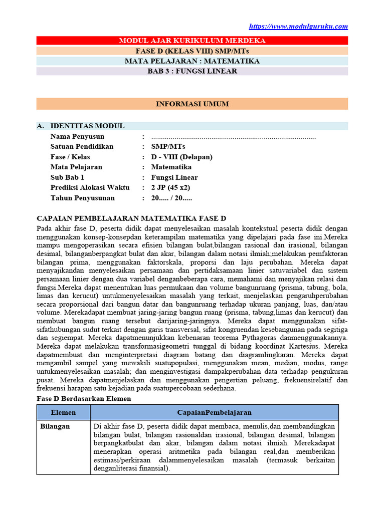 Modul Ajar Matematika Fase D Kelas 8 Bab 3.1 - modulguruku.com | PDF