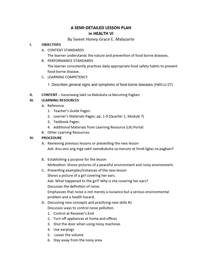 A Semi Detailed Lesson Plan in Health 6 | PDF