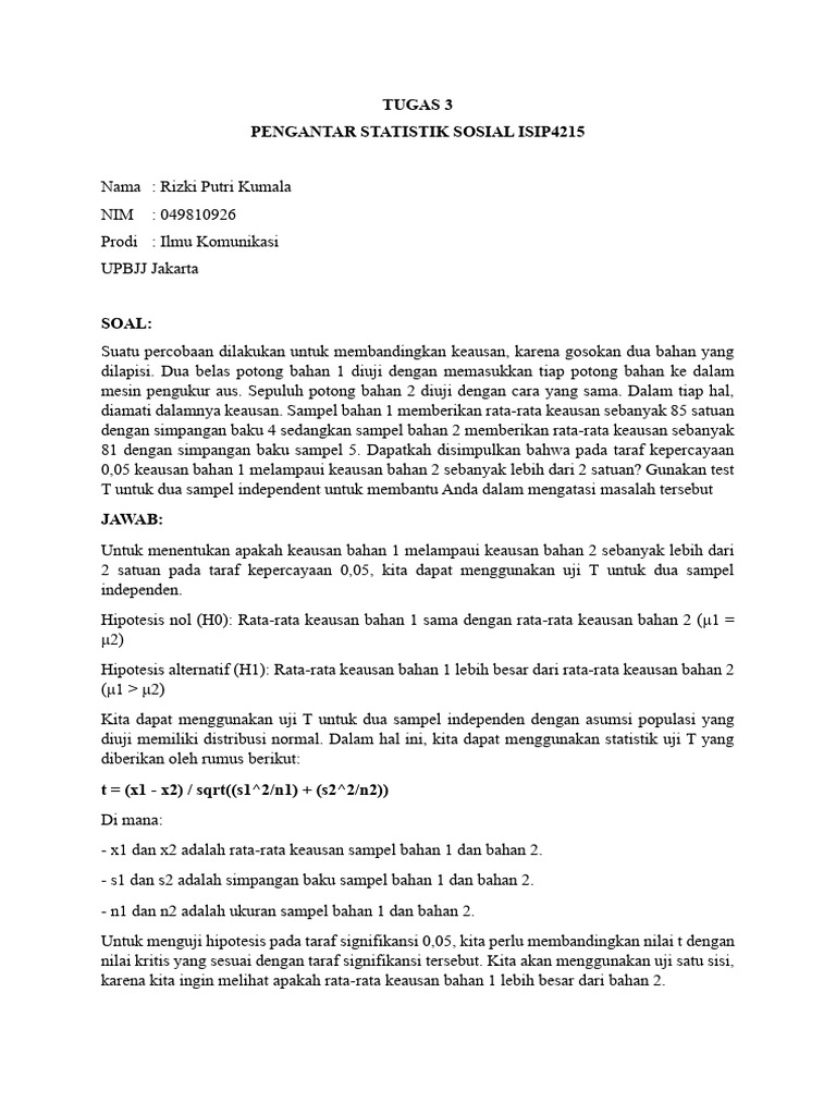 Rizki Putri Kumala_Pengantar Statistik Sosial_Tugas 3 | PDF