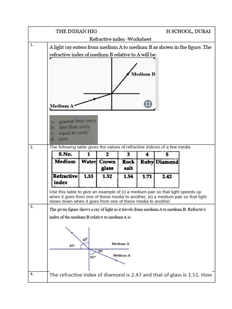 Refractive Index Worksheet | PDF