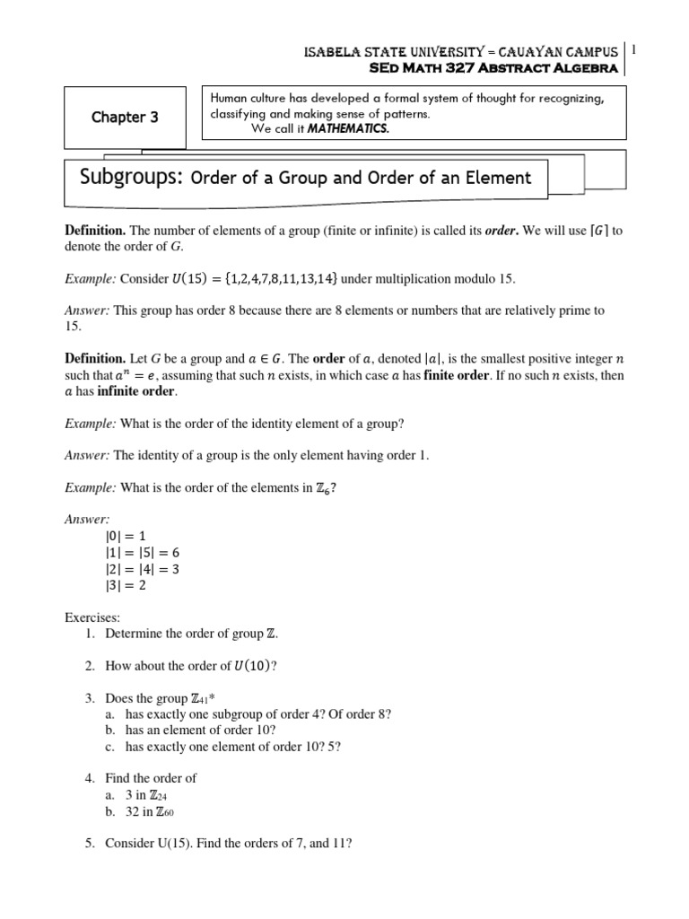 Chapter 3 Subgroups | PDF | Group (Mathematics) | Integer