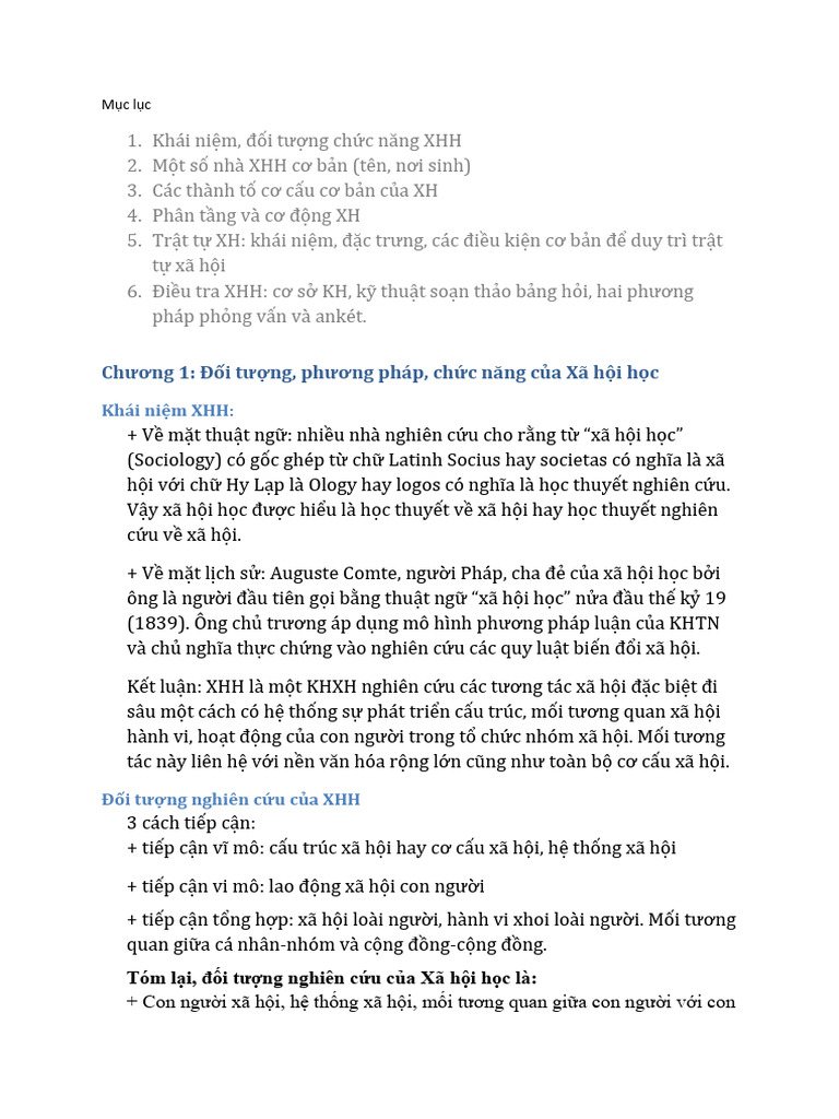 Chương 1: Đối tượng, phương pháp, chức năng của Xã hội học: Khái niệm XHH | PDF