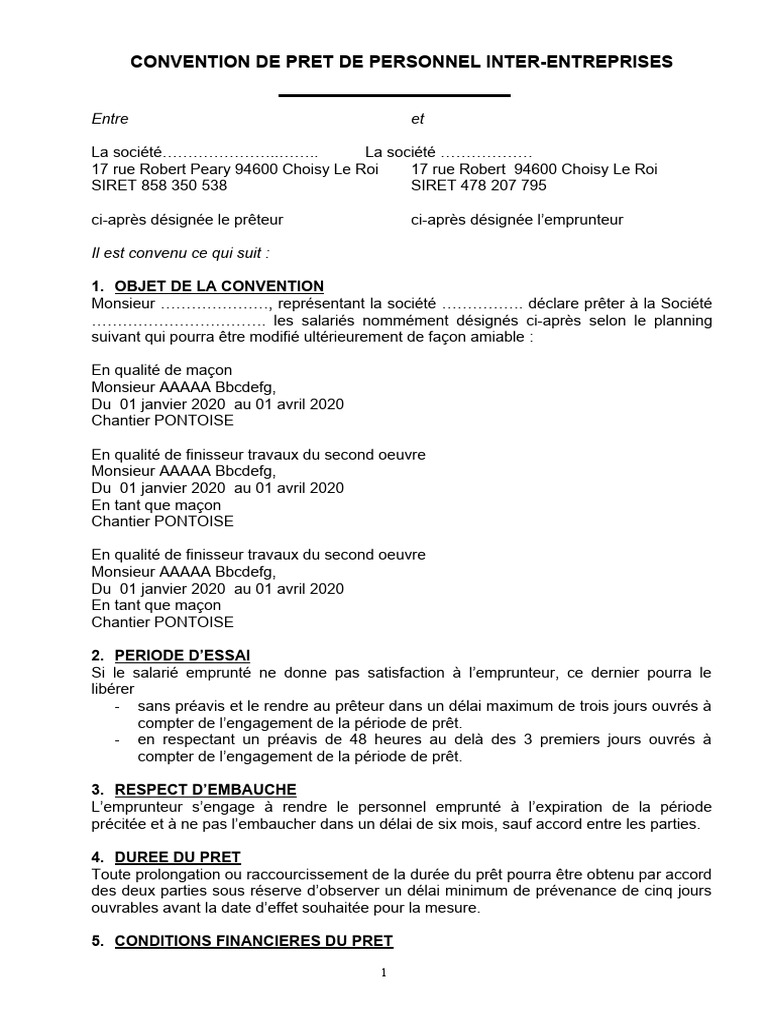 CONVENTION PRET Main D'oeuvre Trame | PDF