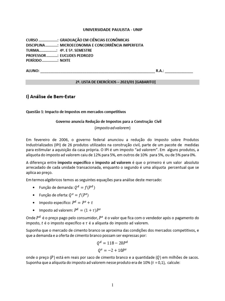 Micro CI - Lista de Exercícios - II - Gabarito | PDF | Excedente econômico | Economia