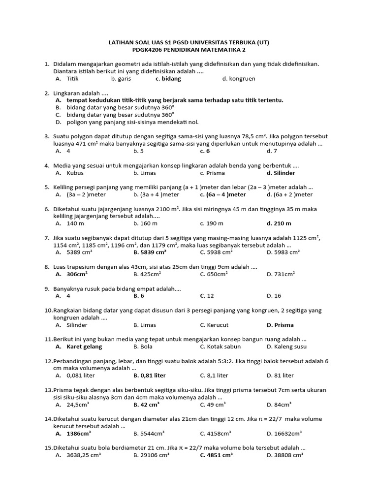 Latihan Soal Uas s1 PGSD Universitas Terbuka 2021.2 | PDF