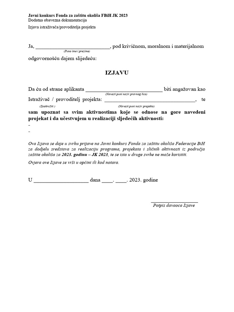 L Izjava Istrazivaca Provoditelja Projekta JK 2023 | PDF