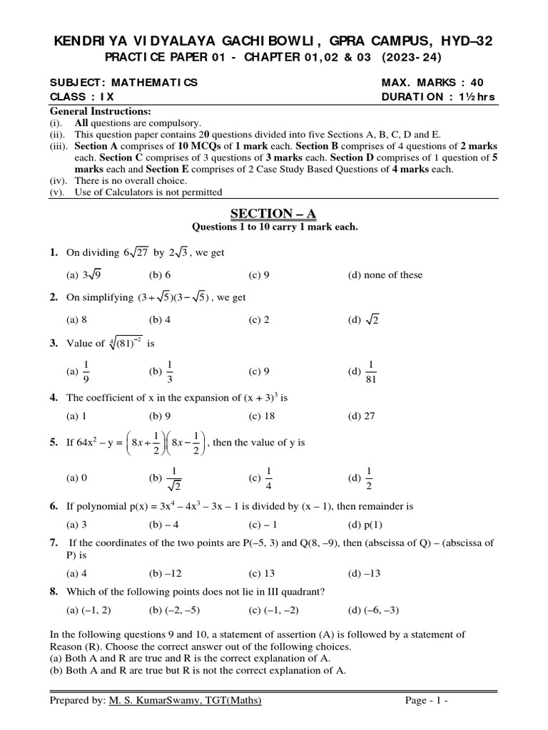 Maths Class Ix Chapter 01 02 and 03 Practice Paper 01 | PDF Maths Class Ix Chapter 01 02 and 03 Practice Paper 01 | PDF