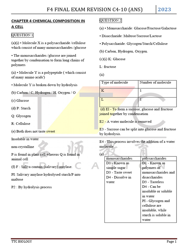 F4 Final Exam Revision C4-10 (Ans) : Chapter 4 Chemical Composition in A Cell | PDF | Meiosis ...