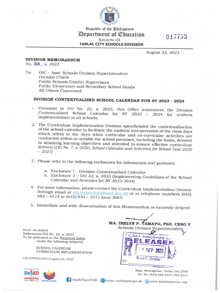 DM 206 S 2023 DIV CONTEXTUALIZED SCH CALENDAR FOR SY 23 24 17755 | PDF