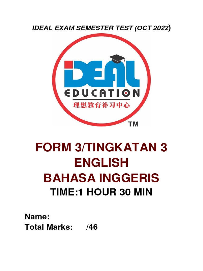 Form 3/tingkatan 3 English Bahasa Inggeris: Time:1 Hour 30 Min | PDF