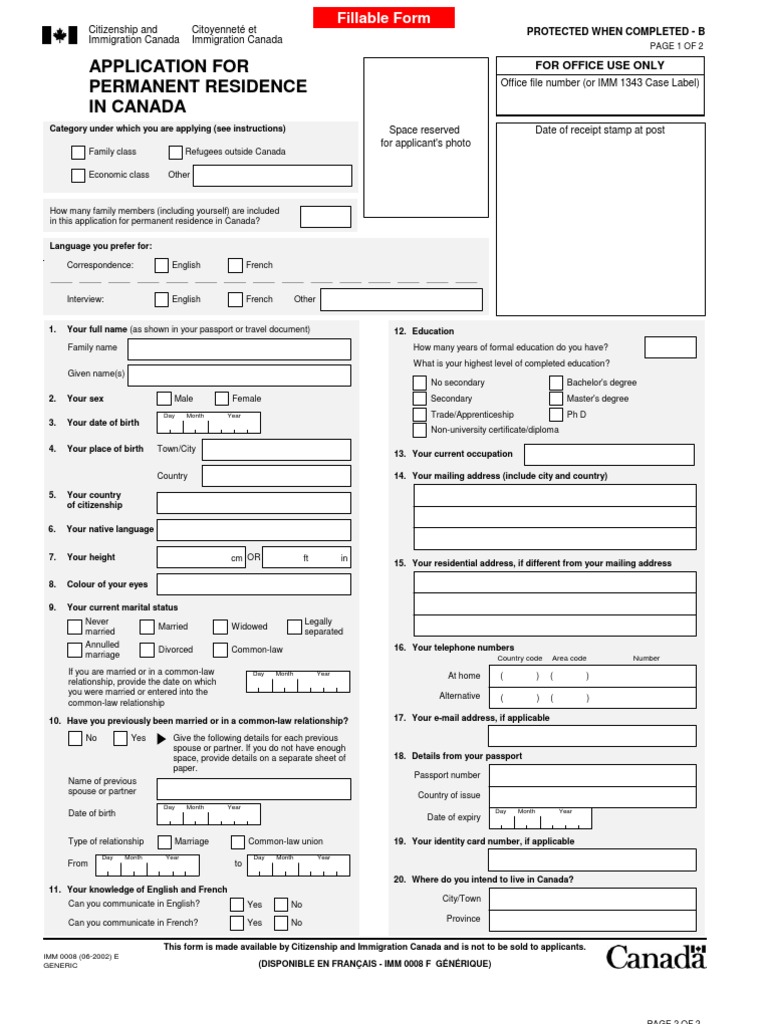 IMM 0008: Canada Permanent Residence Form | PDF
