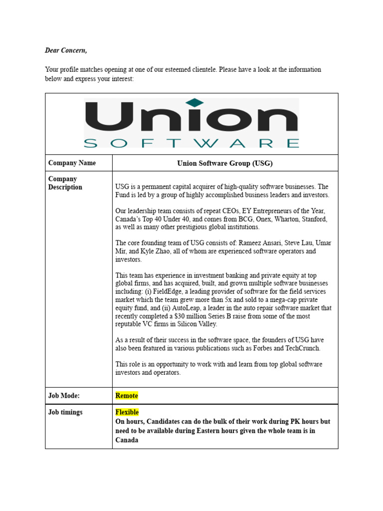 Union Software Group (USG) - Private Equity Analyst | PDF