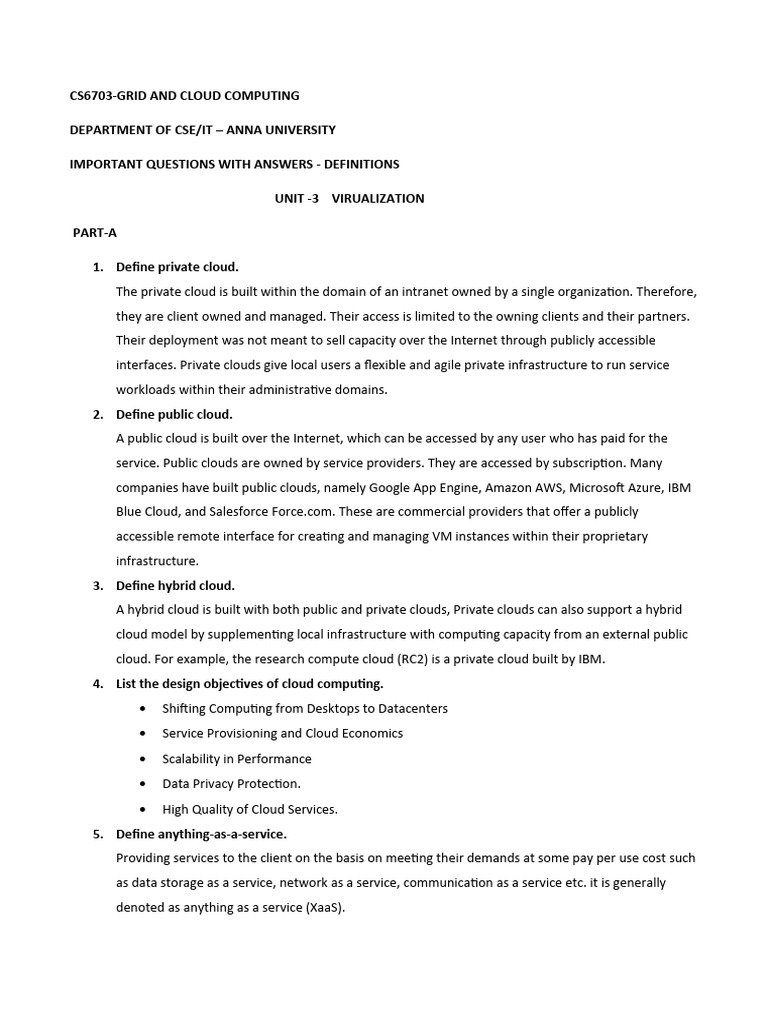 Grid and Cloud Computing Important Questions Unit 3 Part A | PDF | Cloud Computing | Virtualization