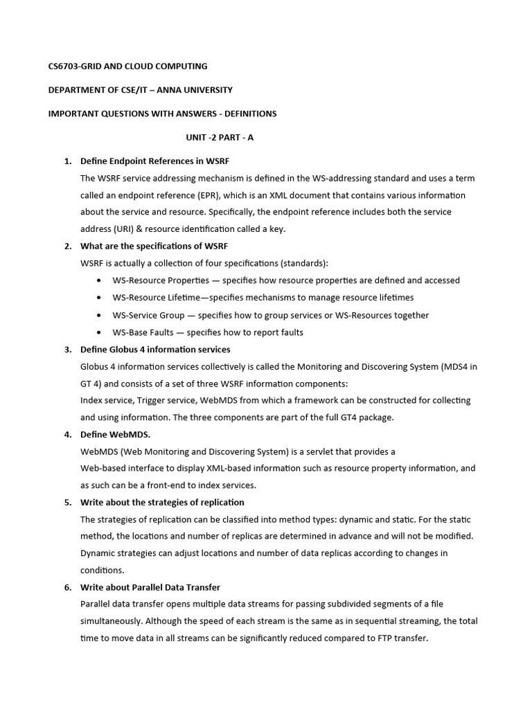Grid and Cloud Computing Important Questions Unit 2 Part A | PDF | Grid Computing | Metadata