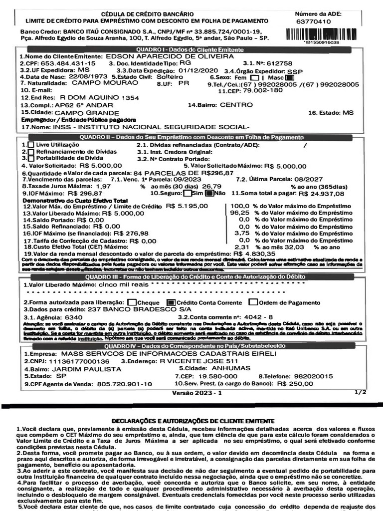 Contrato Edson Aparecido | PDF | Empréstimos | Setor privado