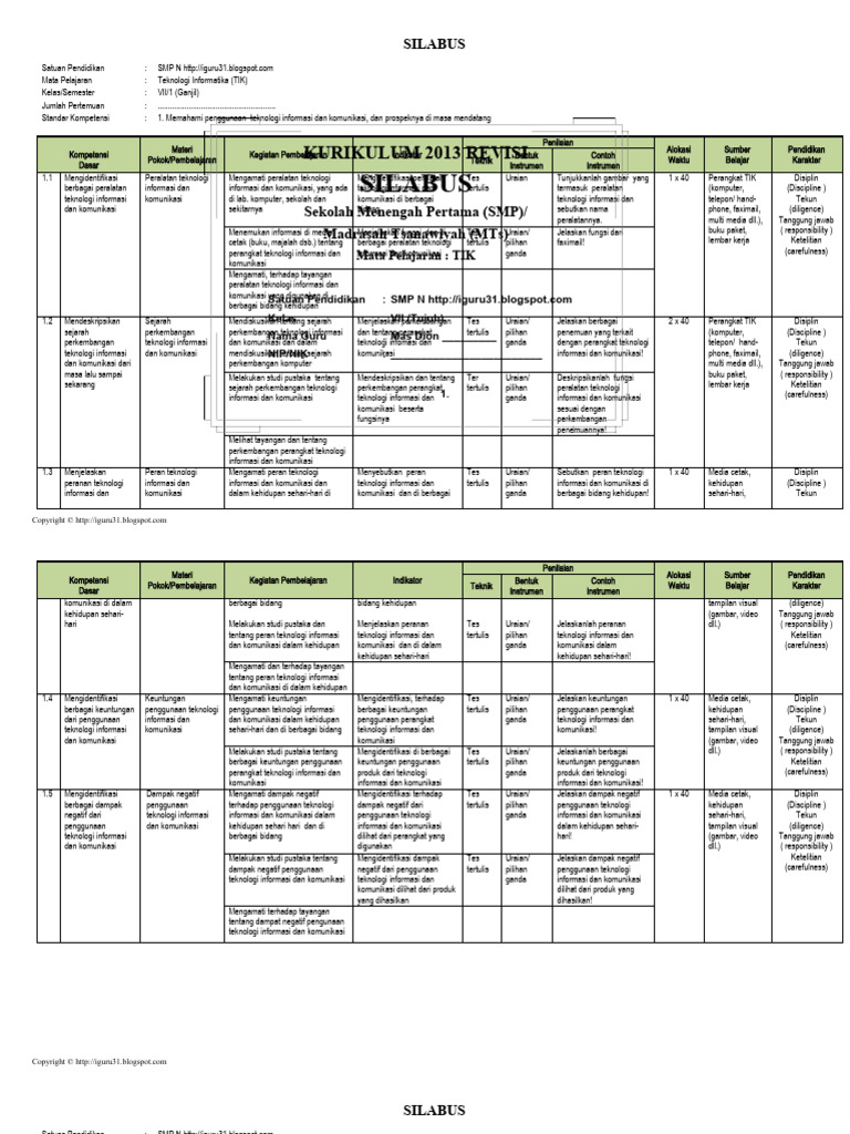 Silabus TIK Kelas 7 (10 Kolom) | PDF