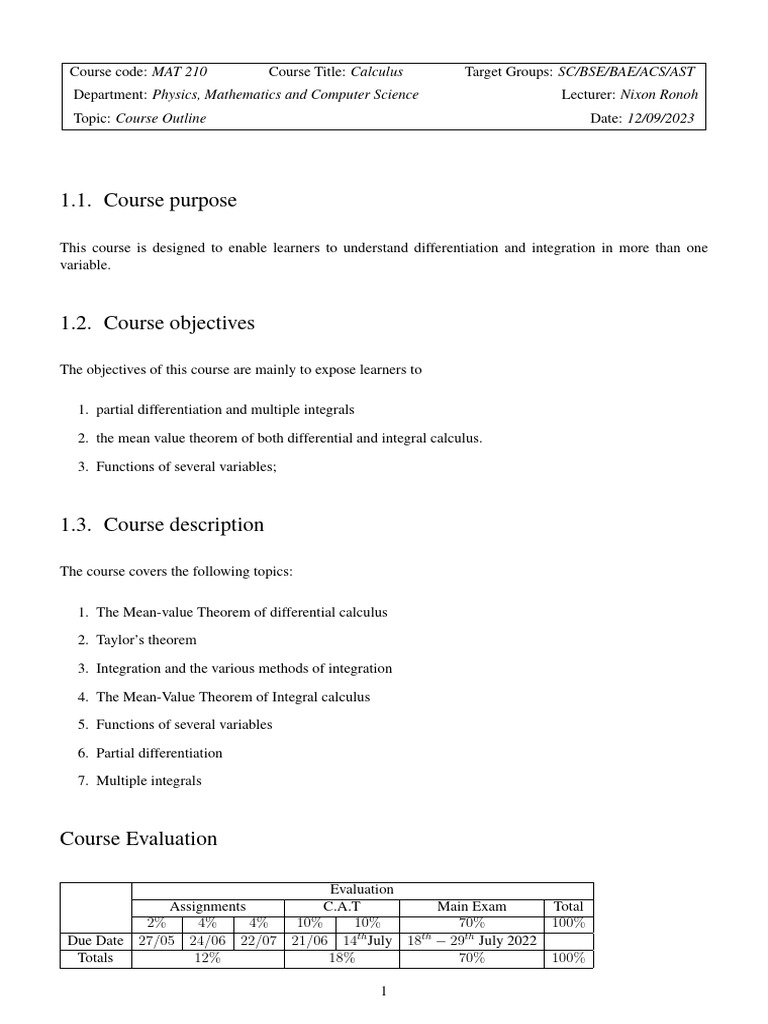 MAT 210 Lecture1 | PDF | Differential Calculus | Integral