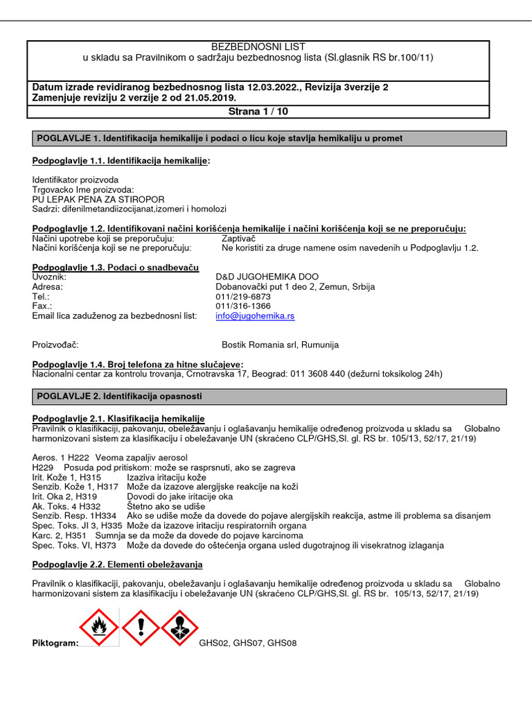 Bezbednosni list - PU LEPAK PENA ZA STIROPOR(pistoljska)GHS 21-19 | PDF