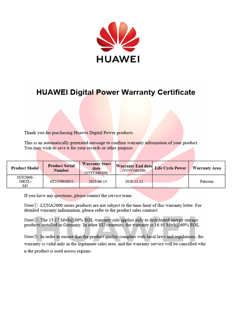 Huawei PV Inverter Warranty Certificat1695903617260 | PDF