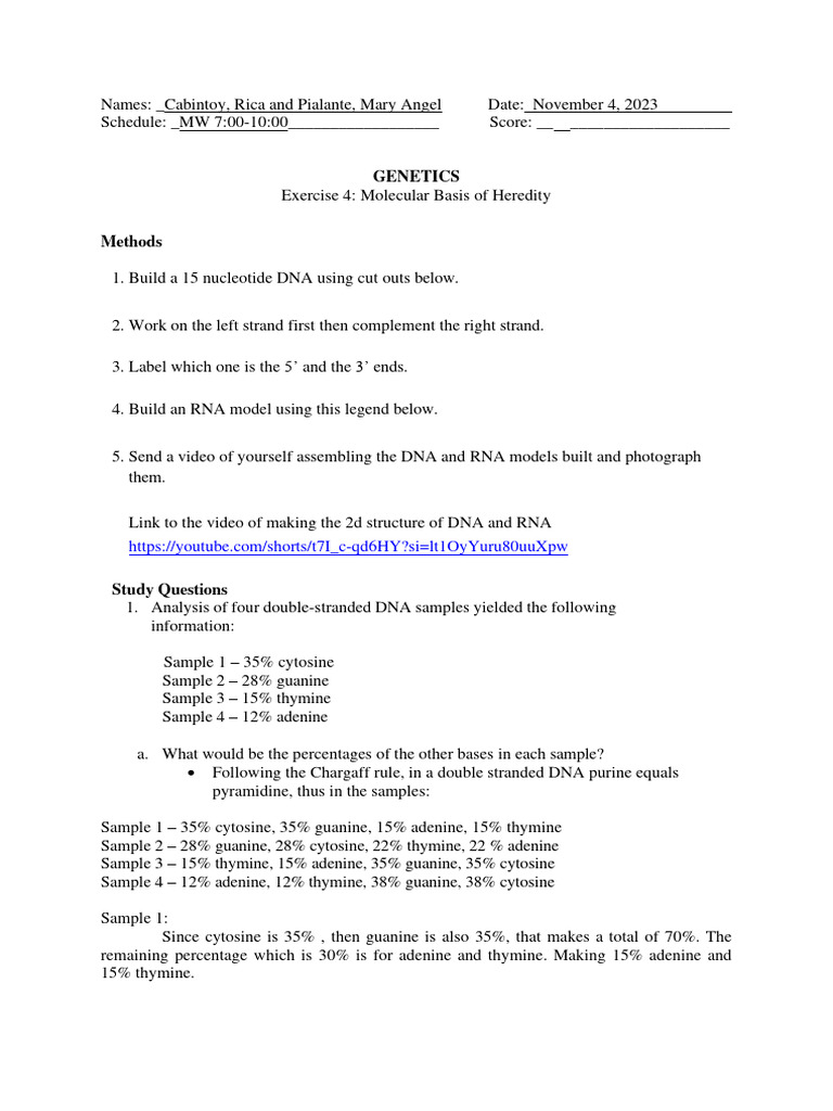 Genetics - Exercise 4 - Molecular Basis of Heredity - Cabintoy ...