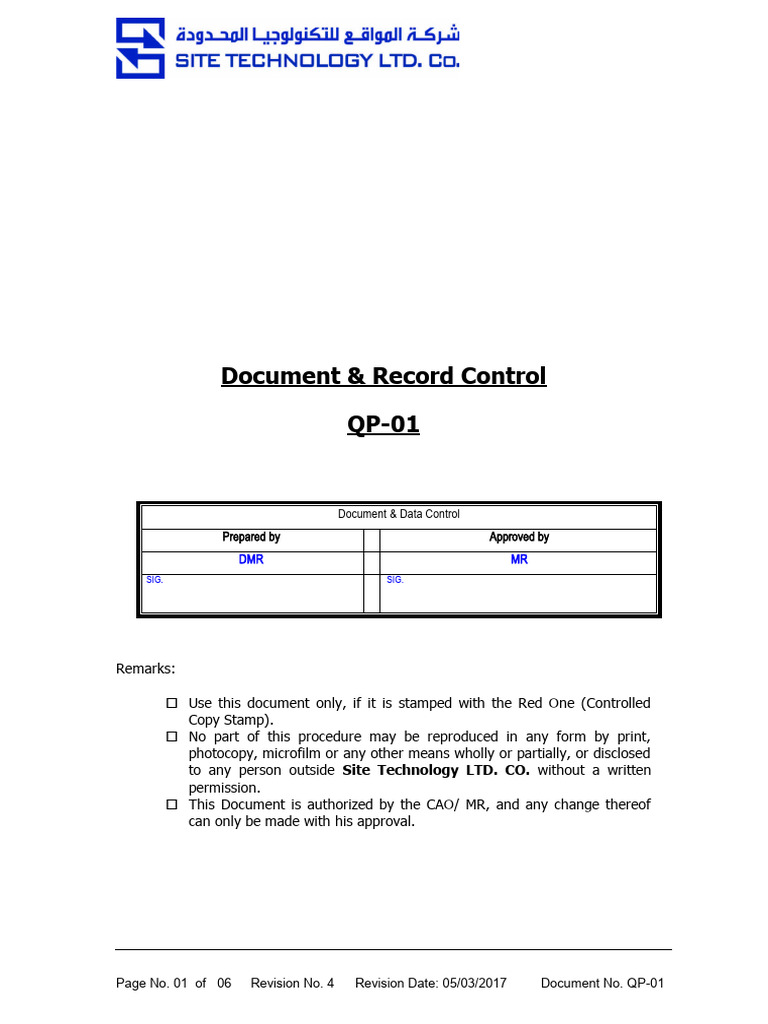 QP 01 Control of Document & Record | PDF