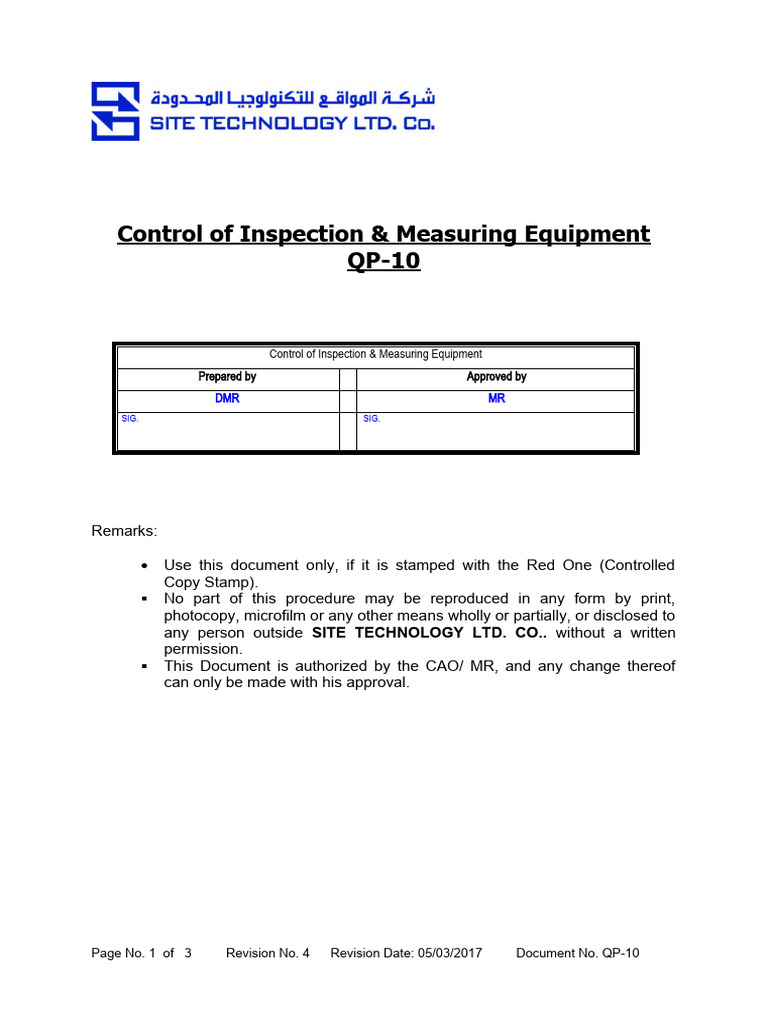 QP10 Control of Inspection & Measuring Equipment | PDF