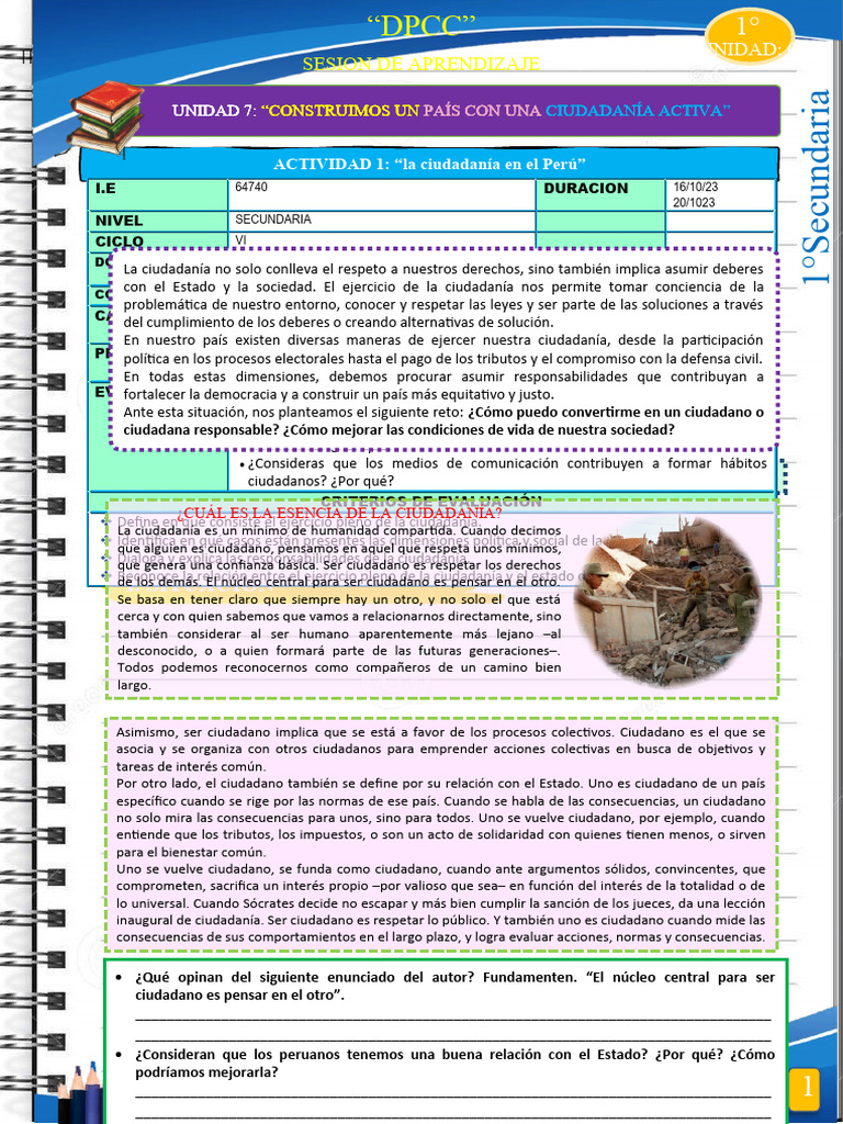 1° DPCC - Actv.01-Und.7 2023 (1) Sesion de Aprendizaje | PDF | Ciudadanía | Estado (política)