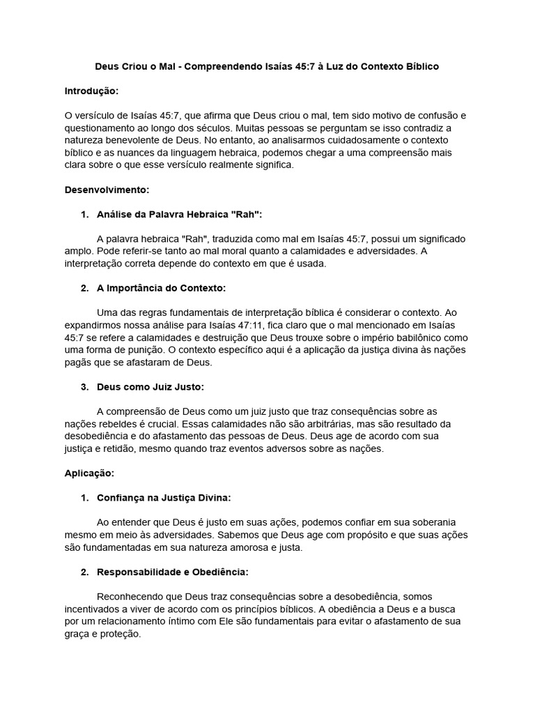 Compreendendo Isaías 45:7 e o Mal | PDF | Deus | Bíblia