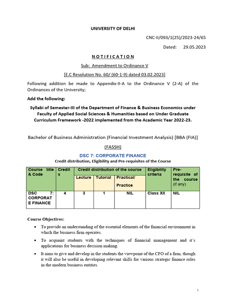 Delhi Univ BBA (FIA) Syllabus Update | PDF