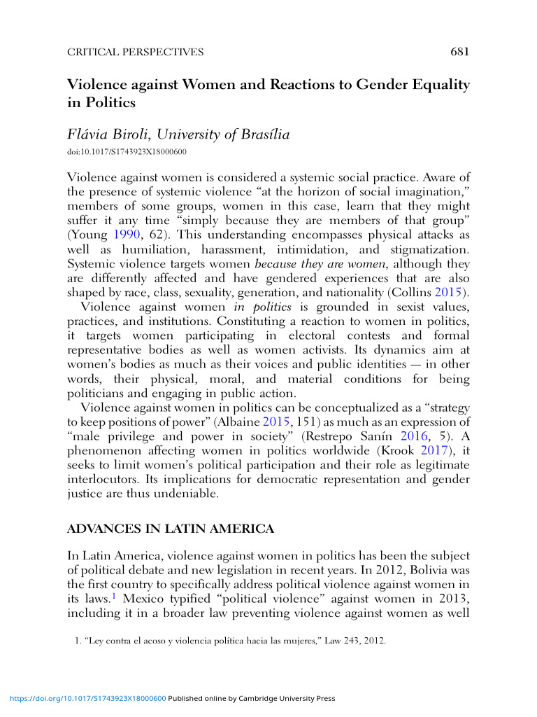 BIROLI, Flávia. Violence Against Women and Reactions To Gender Equality ...