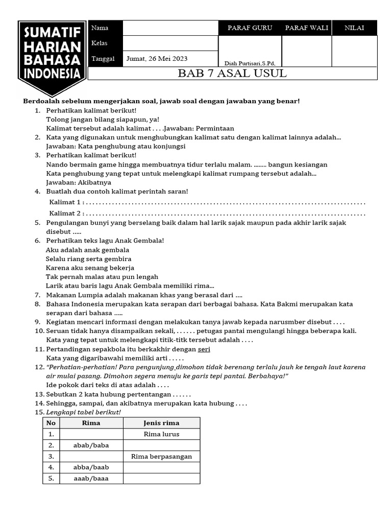 Sumatif Bahasa Indonesia Bab 7 Asal Usul | PDF