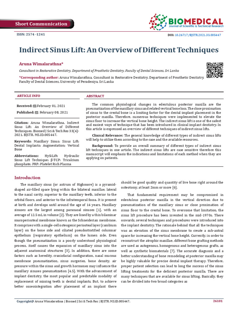 Indirect Sinus Lift - Review | PDF | Dental Implant | Human Head And Neck