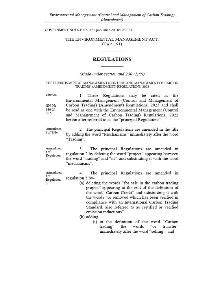 Subsidiary Legislation (The Environmental Management (Control and ...
