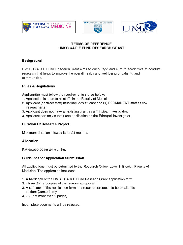 Term of Reference - UMSC CARE Researh Grant - 2020 | PDF