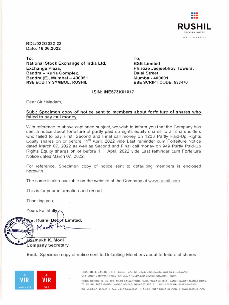 Forfeiture Notice for Unpaid Shares | PDF | Stocks | Private Sector