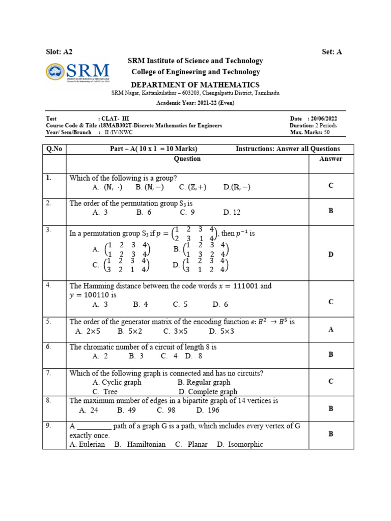 Slot: A2 Set: A SRM Institute of Science and Technology College of ...