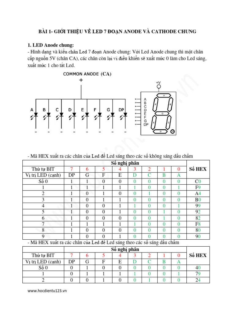 Bài 1-Giới thiệu về LED 7 đoạn ANODE và CATHODE chung | PDF
