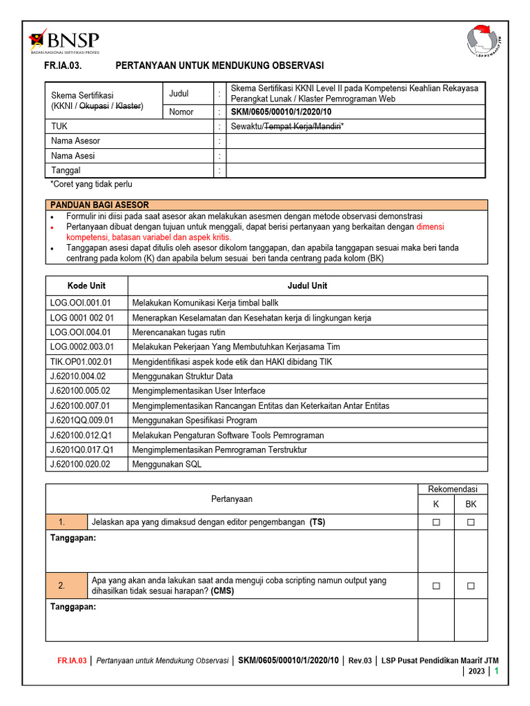 02 FR - IA.03 Pertanyaan Mendukung Observasi | PDF